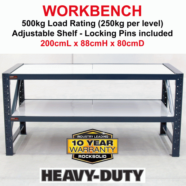 Steel Work Bench with adjustable shelf - Rock Solid Shelving